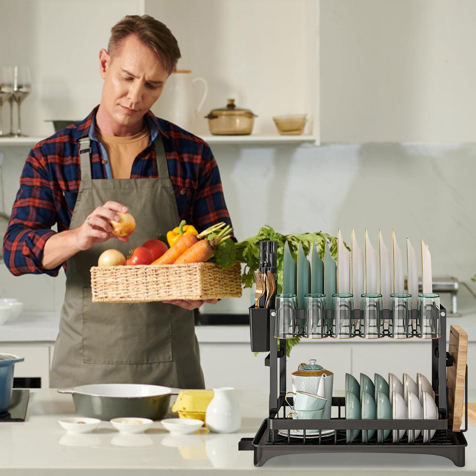 IBNA Dishes Storage Plate Rack, Carbon Steel Dish Drying Rack, Durable Cabinet Dish Drying Rack, Drainer Dishes Plates with Large Capacity, Plate Rack Drainer for Plates Cutting Boards Spoons Forks