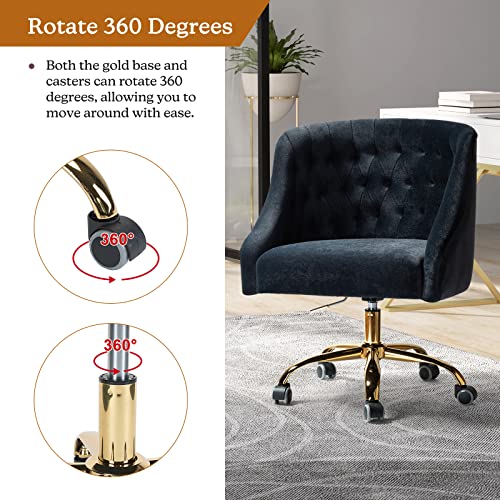 Velvet Home Office Chair with Gold Base, Comfortable Modern Cute Desk Chair, Adjustable Swivel Task Chair for Living Room Bedroom Vanity Study, Black
