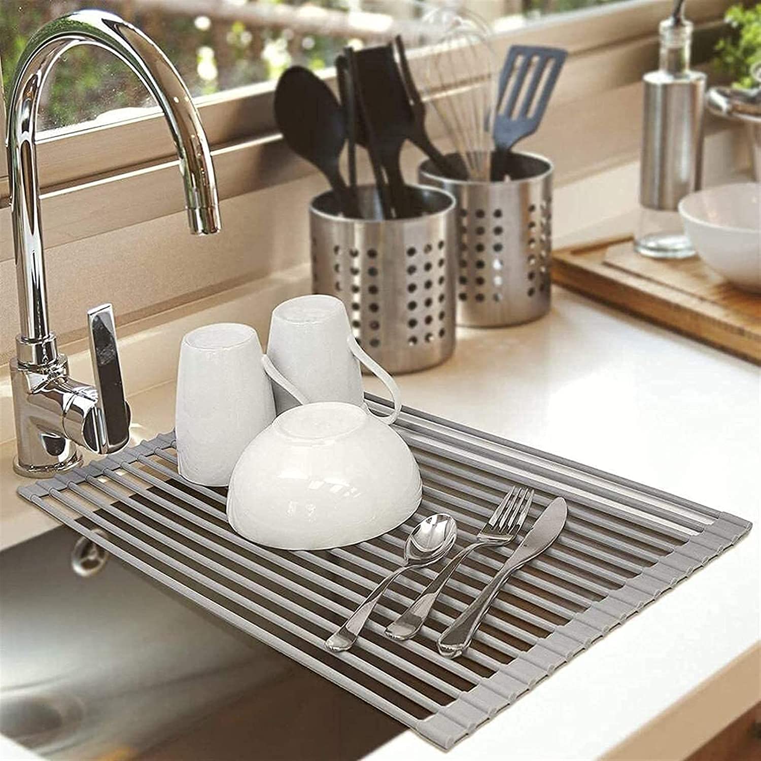 Plate Rack Draining Dish Rack Dish Rack Drying Roll Up NO-Slip Silicone-Coated Kitchen Multipurpose Sink Drainer Foldable Drain Shelf for Kitchen Countertop Pan Plate Holder