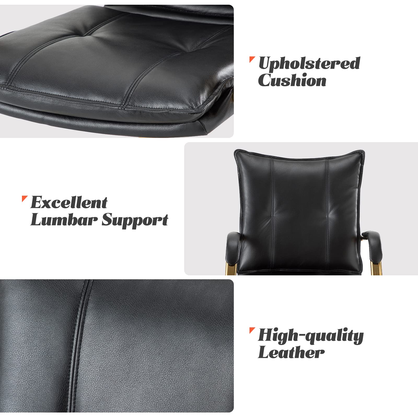 HULALA HOME Faux Leather Home Office Desk Chair, Adjustable Swivel Computer Chair with Golden Legs and Arms, Comfy Upholstered Task Chair, Black