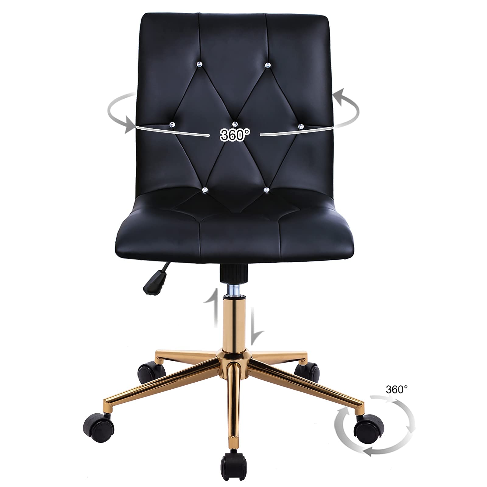 DUHOME Leather Home Office Chair, Armless Black Desk Chair with Gold Base, Adjustable Task Chair Computer Chair Rolling Chair with Wheels for Teens