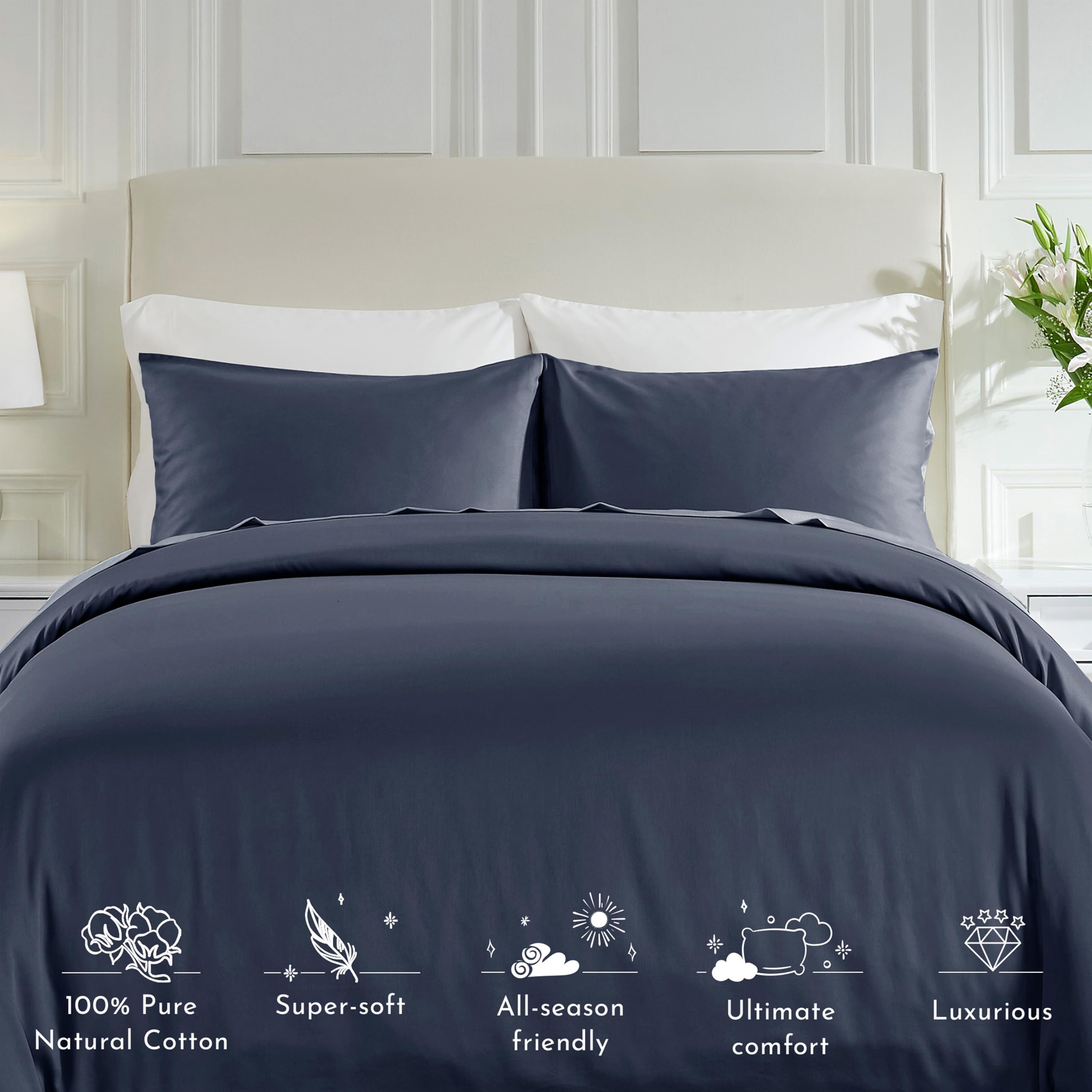 California Design Den Full/Queen Cotton Duvet Cover Set, 400 Thread Count 100% Cotton Quilt Cover & Pillow Shams, Sateen Weave Bedding Set with Button Closure (Indigo Dusty Blue)