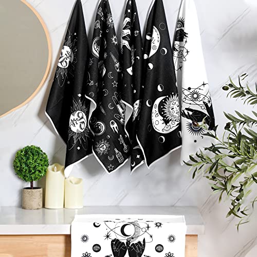 Bencailor 6 Pcs Skull Kitchen Towels Teal Turquoise Dish Hand Towels Farmhouse Cow Cat Gothic Witchy Moon Tea Washcloth for Spring Summer Kitchen Decor Home 24 x 16''(White Black,Witchy)