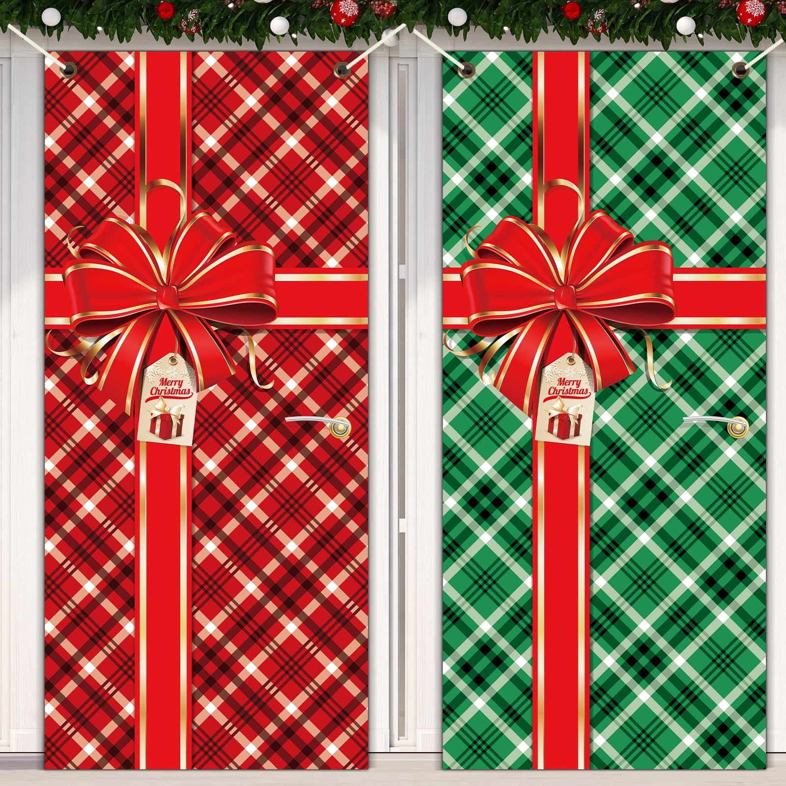2 Pieces Christmas Door Cover Buffalo Checkered Plaid Photography Backdrop Bowknot Gift Box Door Hanging Covers Merry Christmas Door Decoration for Home Wall Outdoor Indoor Party Holiday Xmas Eve