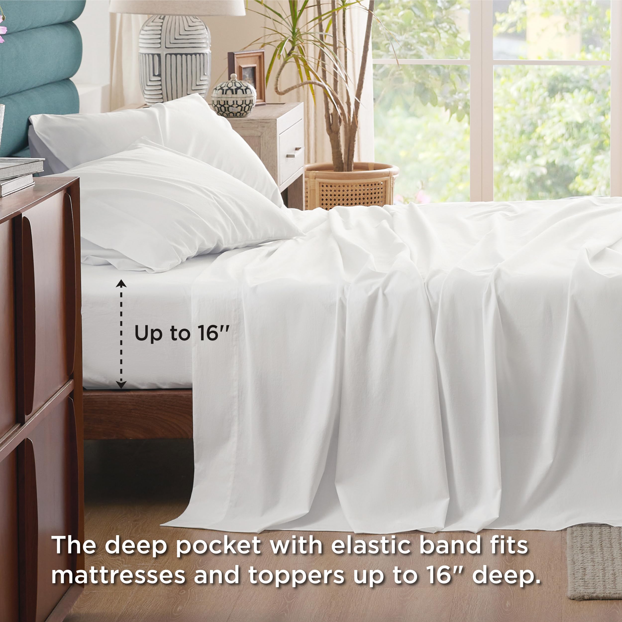Bedsure Cotton Percale Queen Sheet Set - 100% Cotton Bed Set for Queen Size Bed, Breathable & Crirsp Soft White Sheets, Deep Pocket Up to 16 Inches, Bedding Bedsheets & Pillowcases
