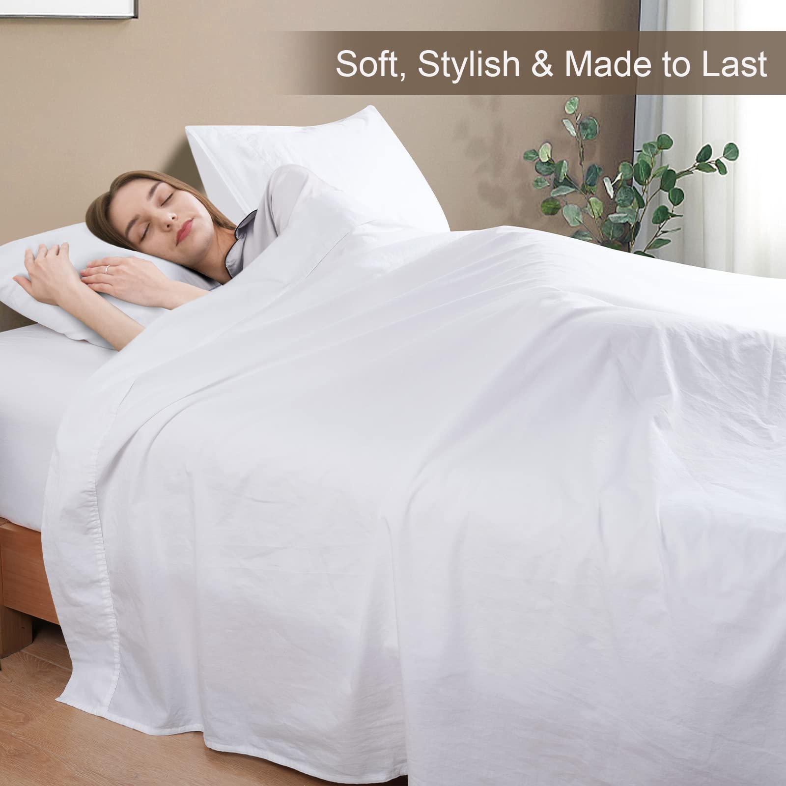 PHF 100% Garment Washed Cotton Sheets Set Queen Size, Ultra Soft Bedding Set, 4 PCS Breathable Moisture-Wicking Durable, Deep Pocket Bed Sheet Up to 16", White