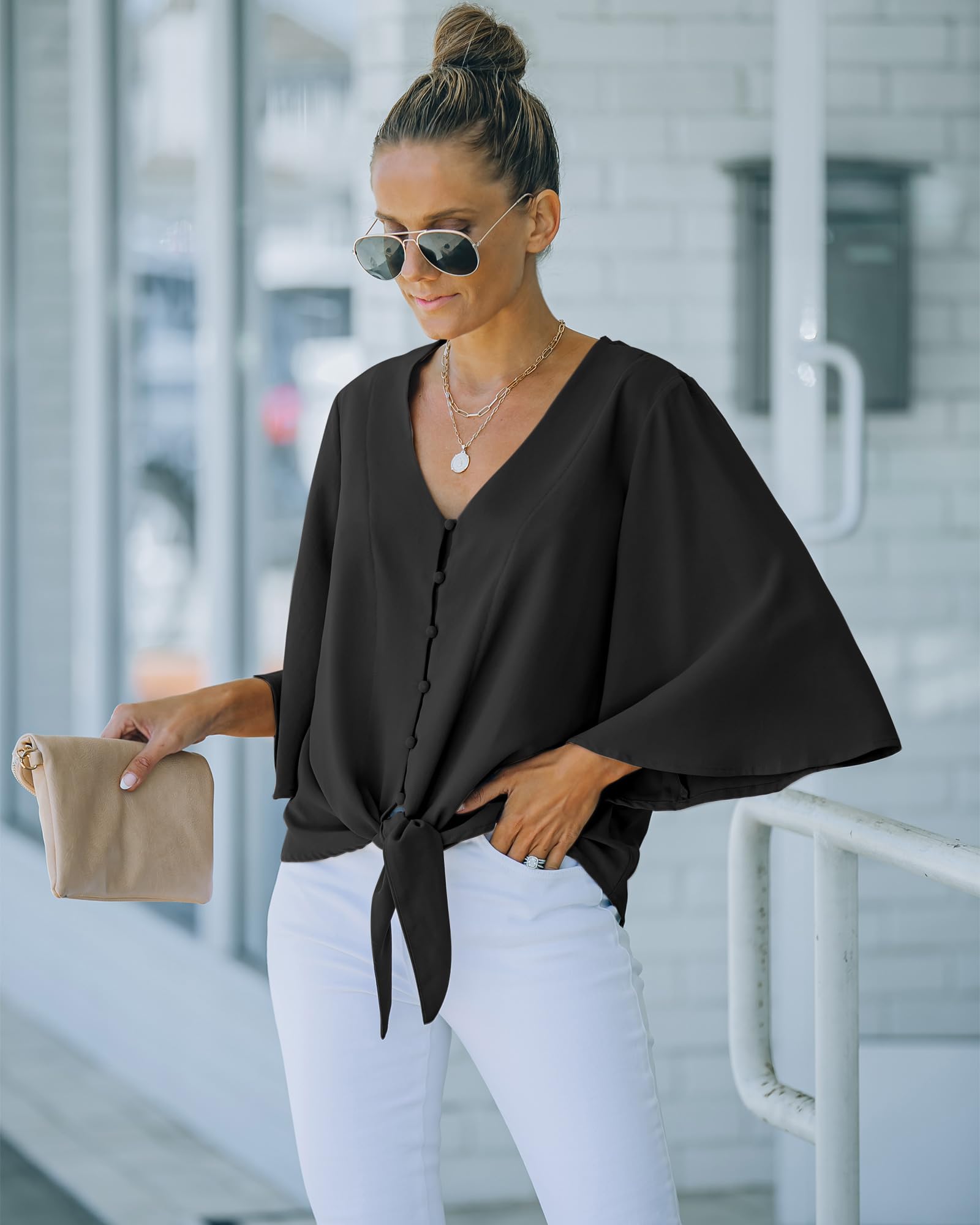 luvamia Women's V Neck Tops Ruffle 3/4 Sleeve Tie Knot Blouses Button Down Shirts, Black Button Down Size XL