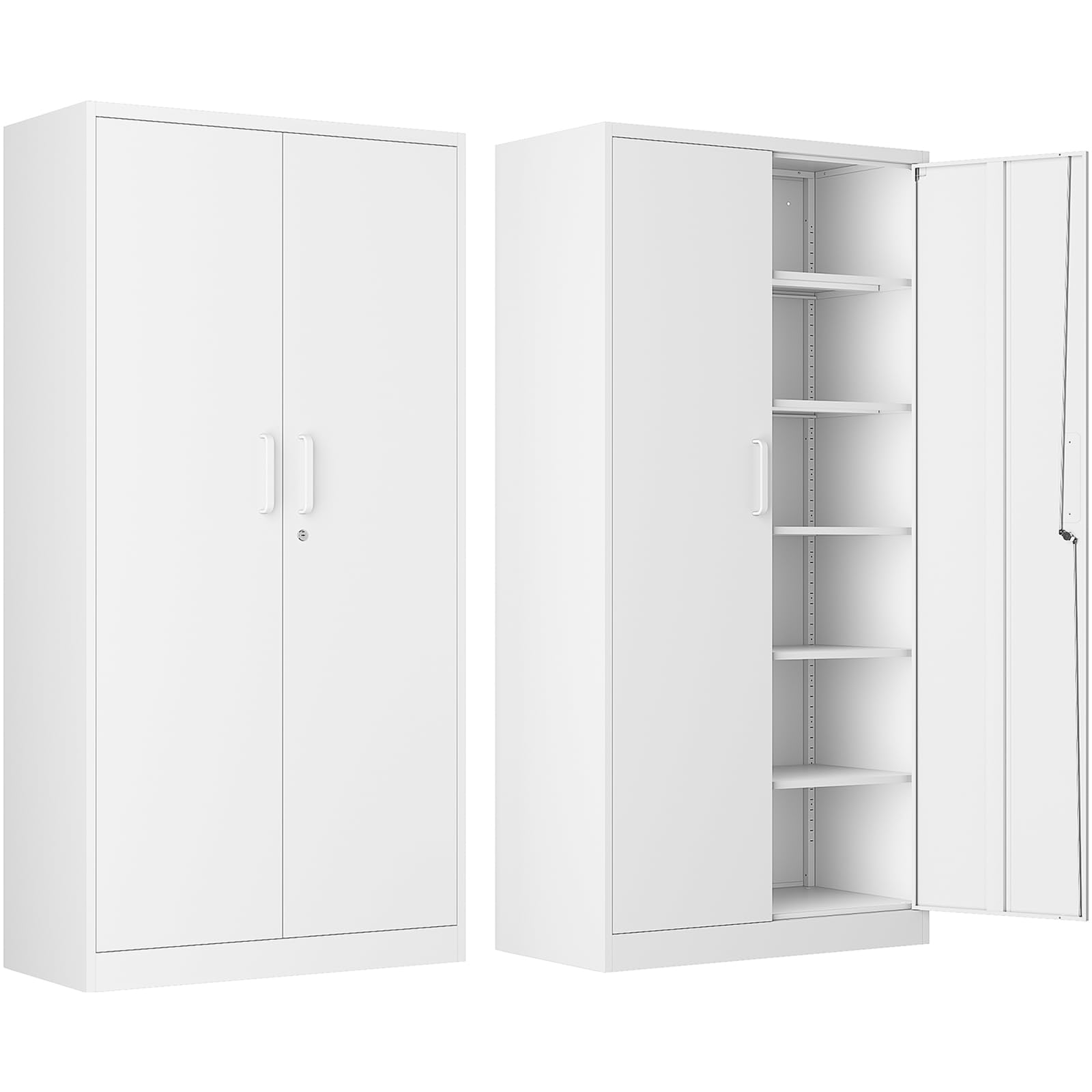AFAIF Metal Storage Cabinet with Lock,71" White Garage Cabinet with 2 Doors and 5 Adjustable Shelves, Steel Locking Cabinets Tall Tool Storage Cabinet, Lockable File Cabinet for Home Office, Pantry