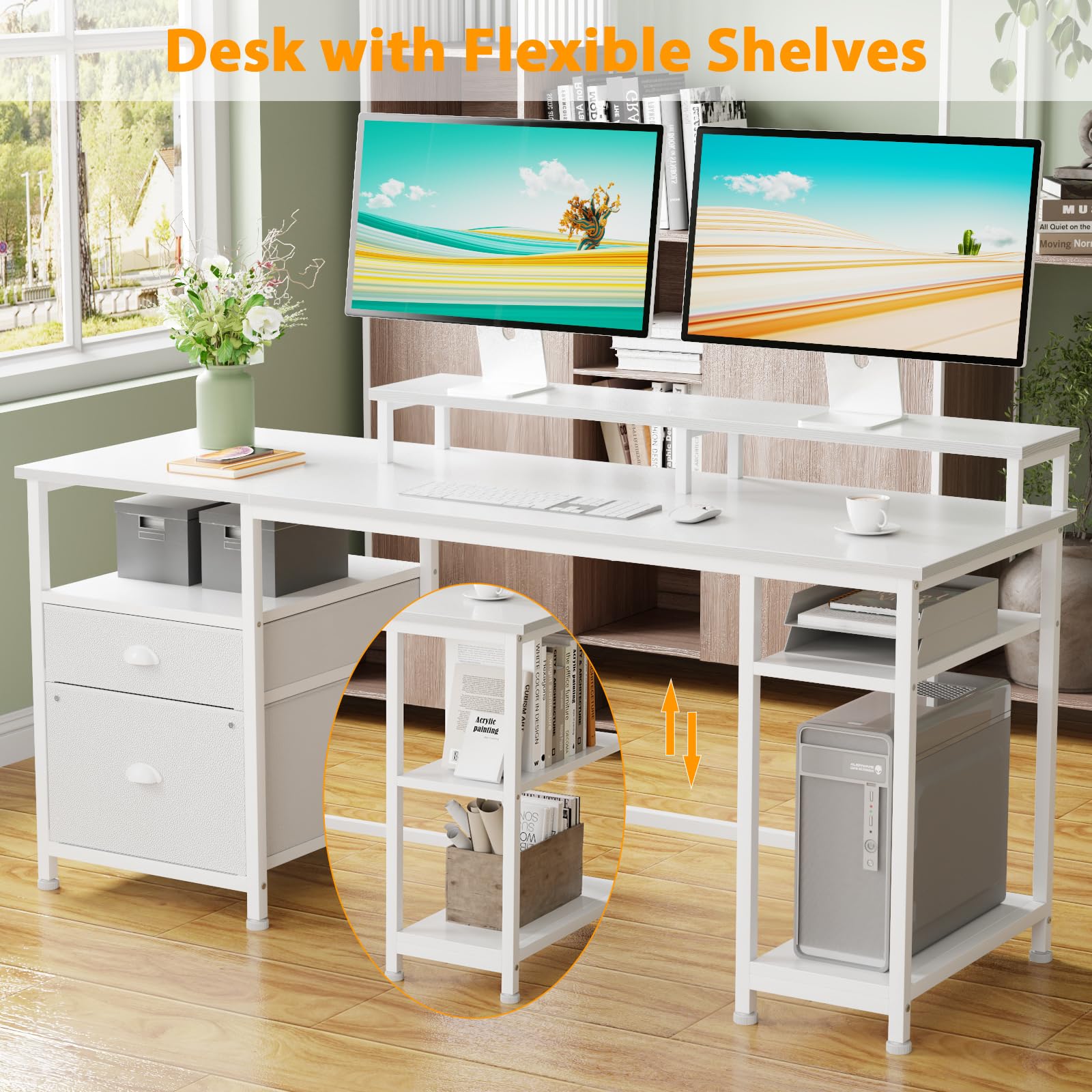 Furologee 61" Computer Desk with Fabric File Cabinet & Drawer, Reversible White Table with Storage Shelf, Office Desk with Long Monitor Stand, Writting Table Workstation, for Home/Office/White