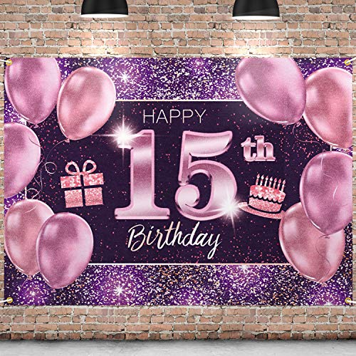 PAKBOOM Happy 15th Birthday Banner Backdrop - 15 Birthday Party Decorations Supplies for Girl - Pink Purple Gold 4 x 6ft