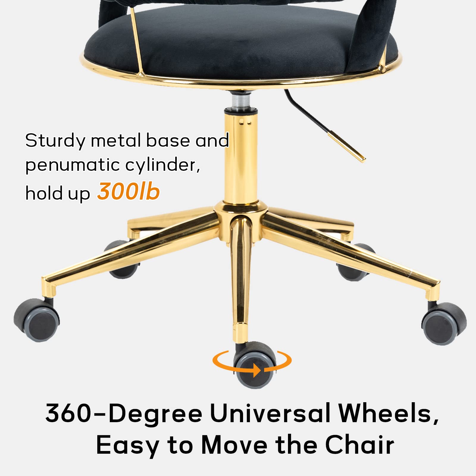 NIOIIKIT Velvet Office Desk Chair with Hand Woven Backrest, 360° Swivel & Height Adjustable Task Chairs, Makeup Chair, Living Room Chairs with Stainless Base and 5 Wheels (Black)