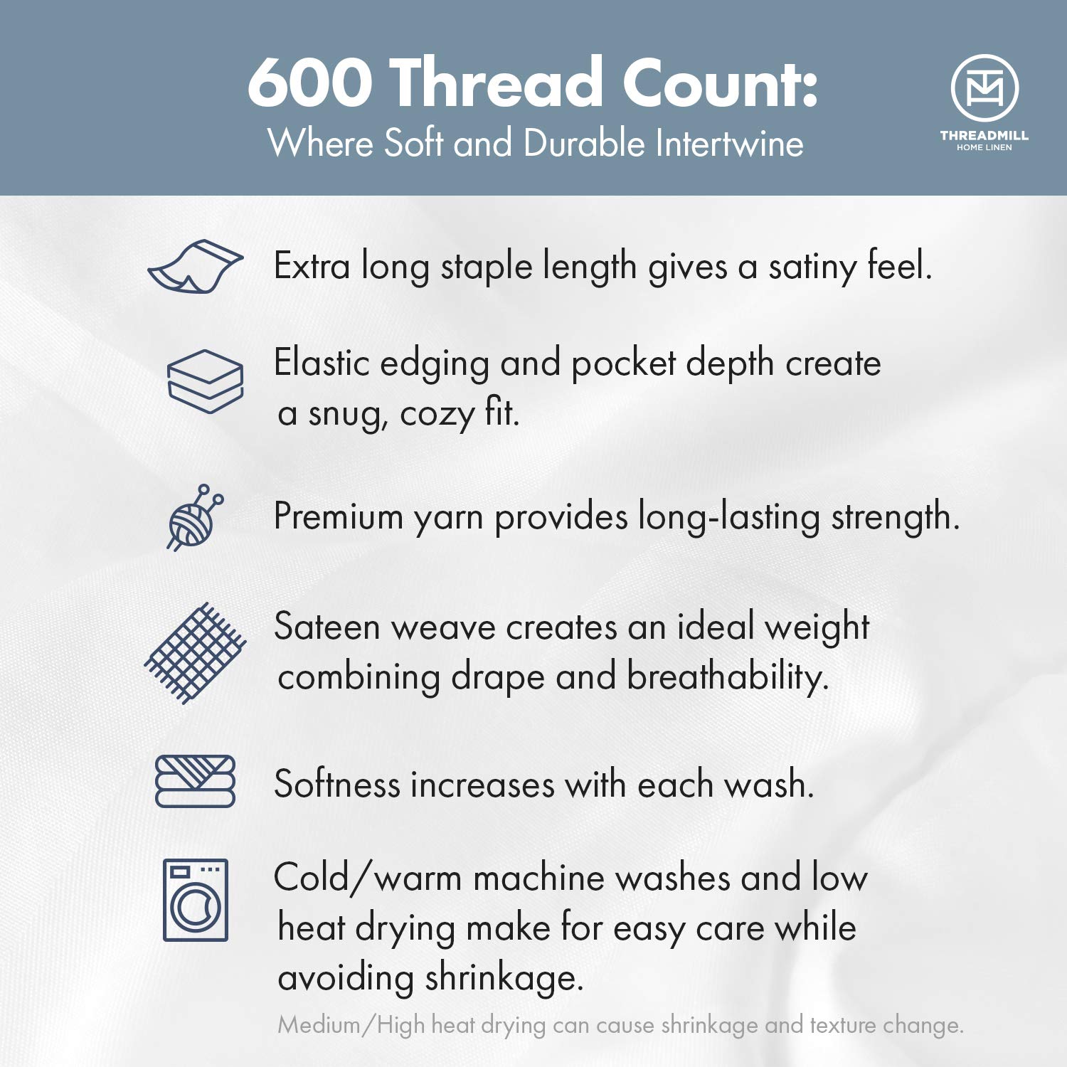 Threadmill 100% Cotton Sheets for Queen Size Bed - 600 Thread Count Queen Bed Sheets Set with 16” Deep Pocket - Sateen Weave 4-Piece Bedding Set with Cooling Effect, White