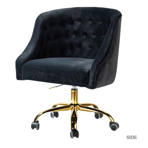 Velvet Home Office Chair with Gold Base, Comfortable Modern Cute Desk Chair, Adjustable Swivel Task Chair for Living Room Bedroom Vanity Study, Black