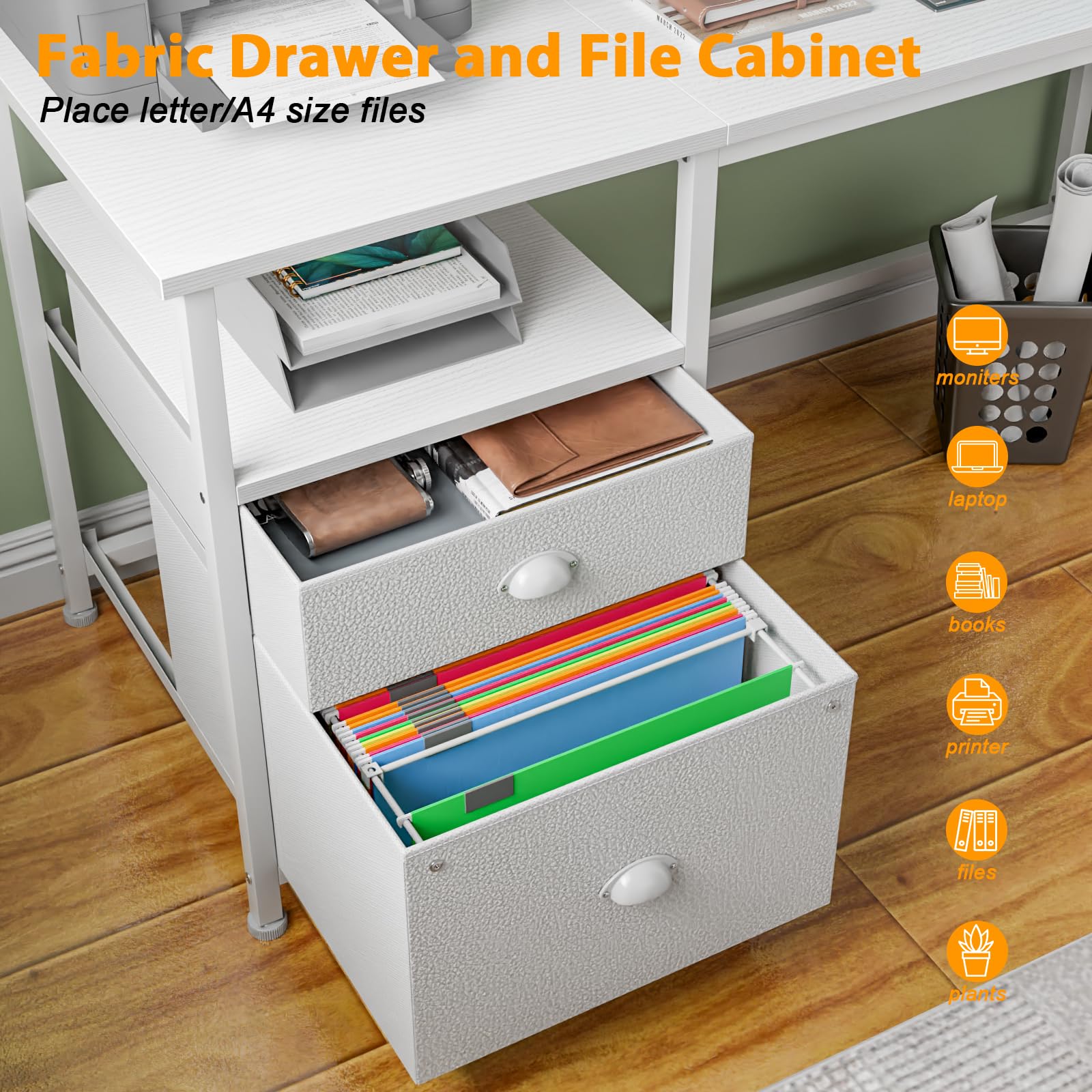 Furologee 61" Computer Desk with Fabric File Cabinet & Drawer, Reversible White Table with Storage Shelf, Office Desk with Long Monitor Stand, Writting Table Workstation, for Home/Office/White
