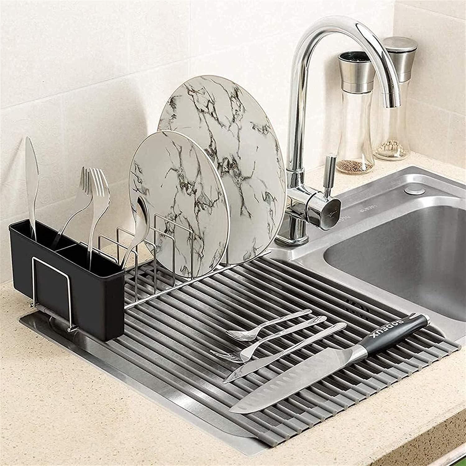 Plate Rack Draining Dish Rack Dish Rack Drying Roll Up NO-Slip Silicone-Coated Kitchen Multipurpose Sink Drainer Foldable Drain Shelf for Kitchen Countertop Pan Plate Holder