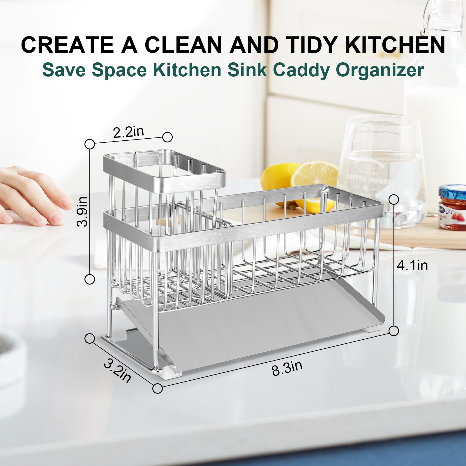 EEKEDO Kitchen Sink Caddy Organizer with Auto Drain Tray and Divider, Sponge Holder and Brush Storage for Kitchen, Rustproof Stainless Steel - Silver