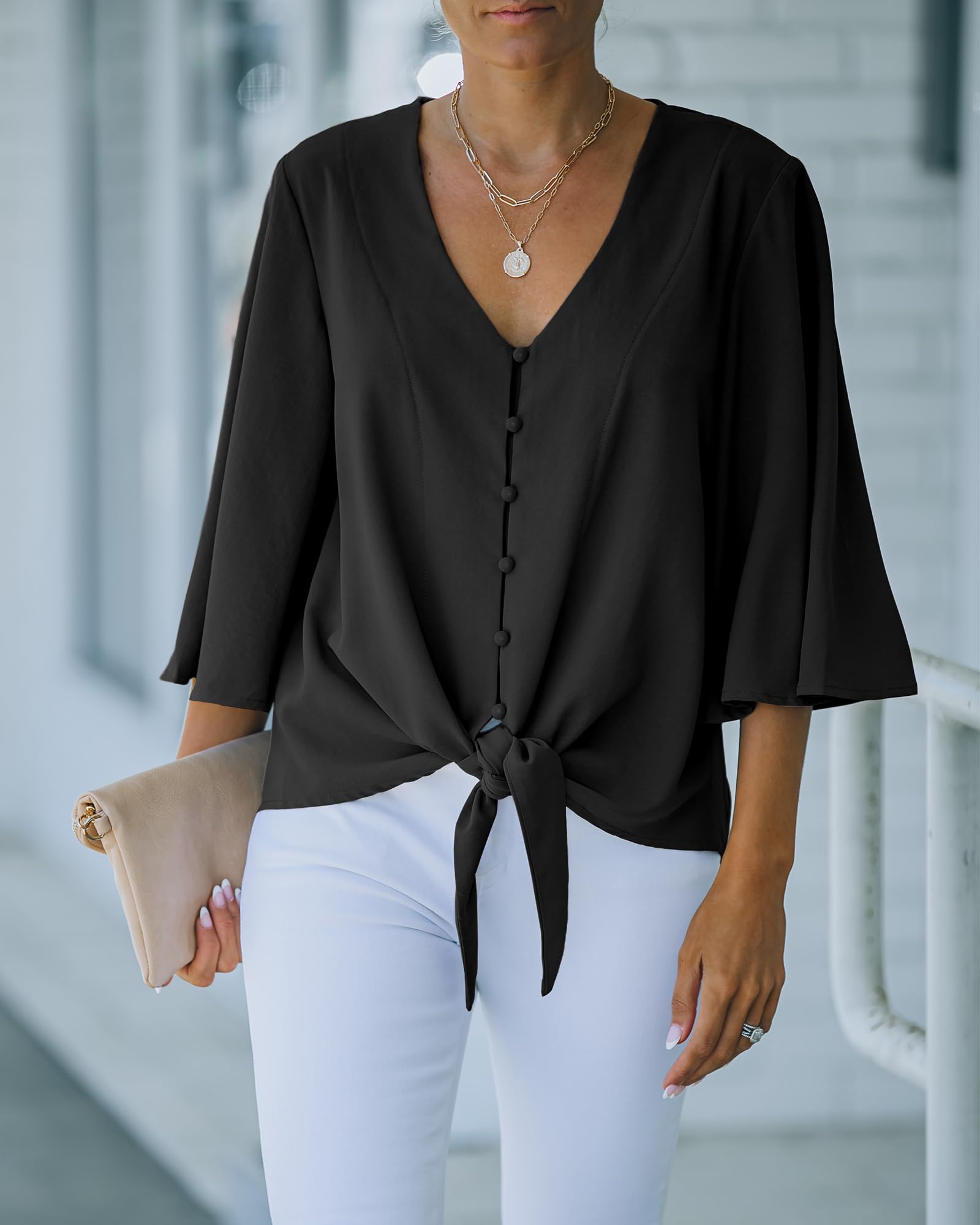 luvamia Women's V Neck Tops Ruffle 3/4 Sleeve Tie Knot Blouses Button Down Shirts, Black Button Down Size XL