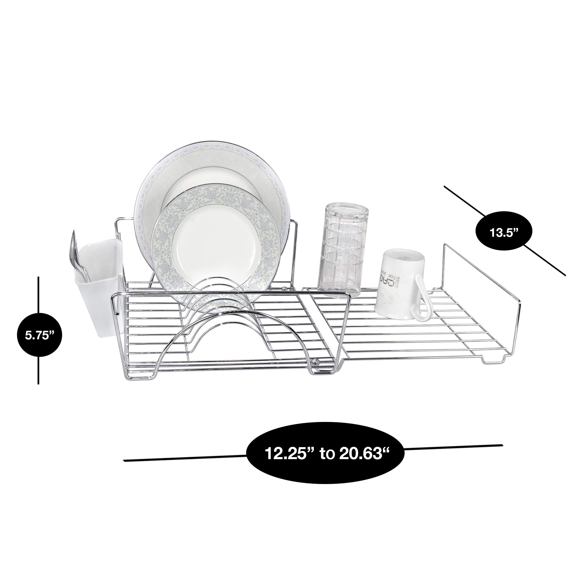 Smart Design Expandable Dish Drainer Drying Rack with Cutlery Cup - Steel Metal Wire - Fits in Standard Sinks - Dishes, Cups, Silverware Organization - Kitchen - 13.5 x 20.63 Inch Chrome