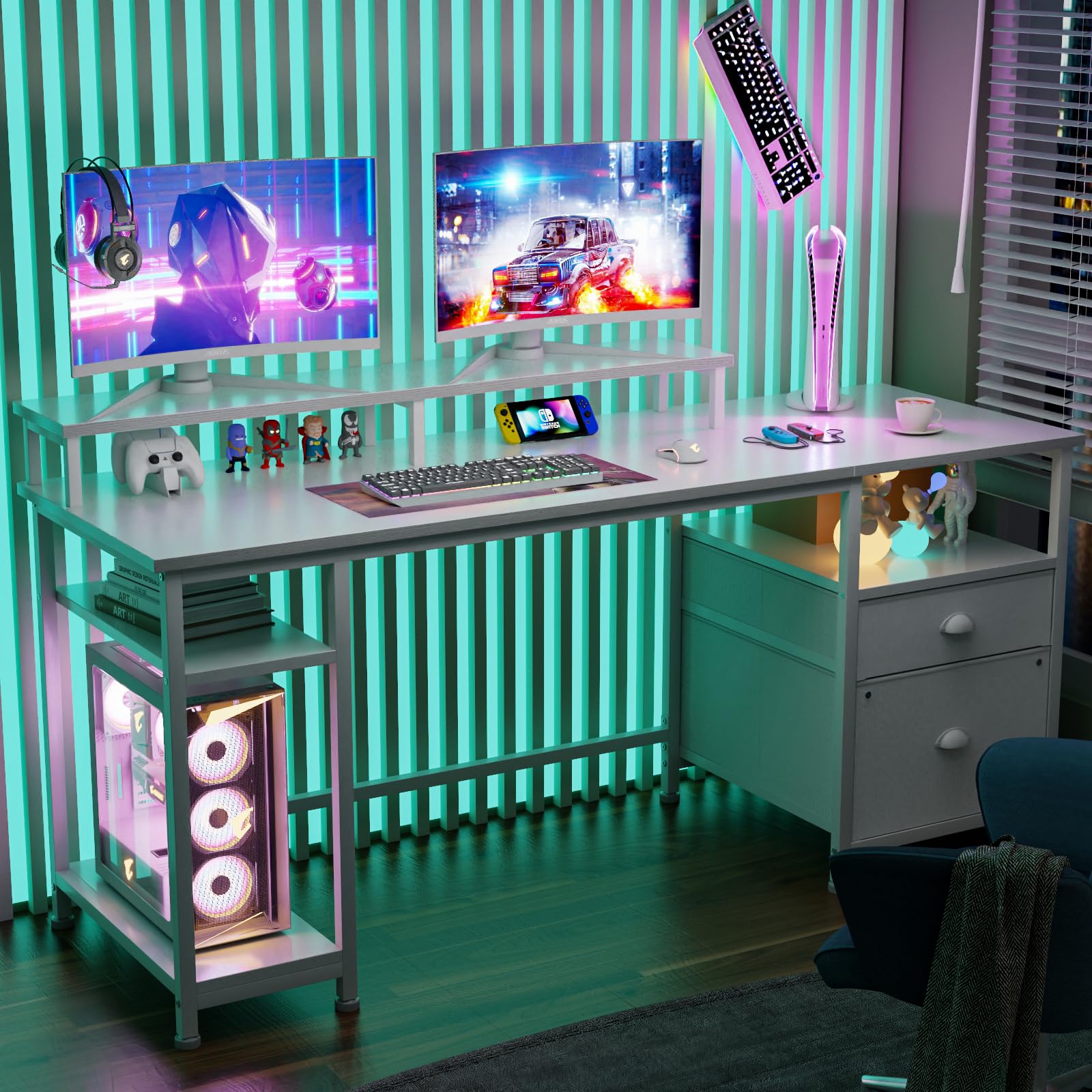 Furologee 61" Computer Desk with Fabric File Cabinet & Drawer, Reversible White Table with Storage Shelf, Office Desk with Long Monitor Stand, Writting Table Workstation, for Home/Office/White