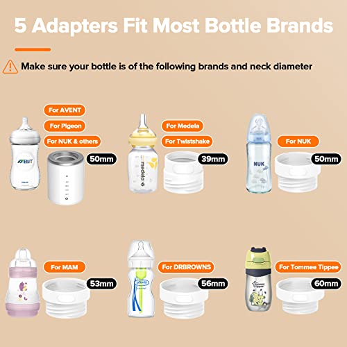 Bottle Warmer, Baby Bottle Warmer with 5 Adapters, Portable Bottle Warmer Rechargeable with Precise Temperature Selection & Beep Prompt, Travel Bottle Warmer for Breastmilk & Babys Brew