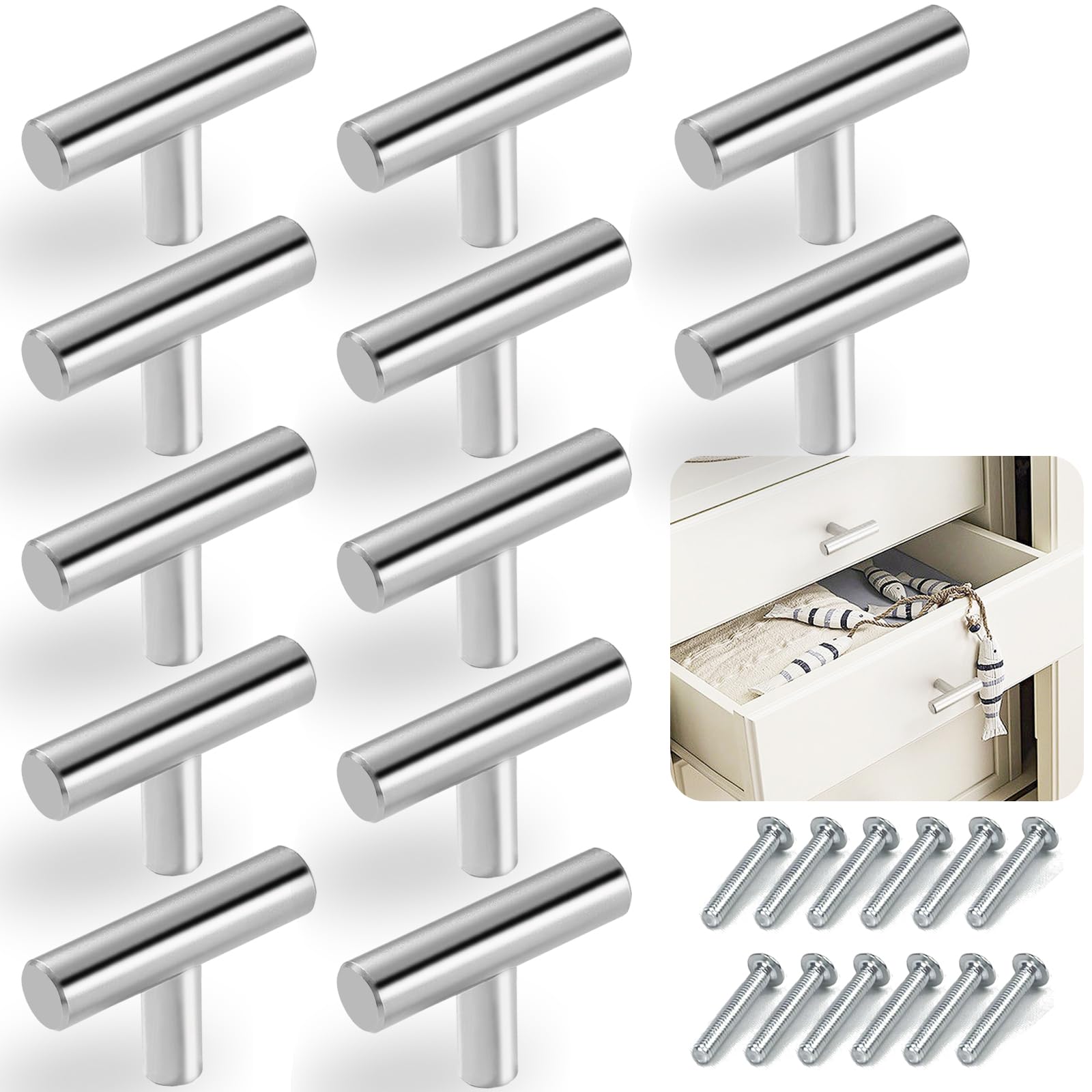 THSIREE 12PCS Cabinet Knobs, Cabinet Pulls Drawer Knobs, T Knobs Single Hole Cabinet Hardware with Screws, for Kitchen Bedroom Furniture, Silver