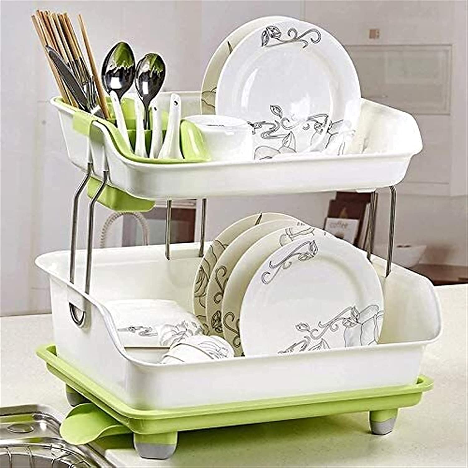 WYH Plate Rack Draining Dish Rack Double Layer Dish Storage Drying Drain Rack Kitchen Shelf Tableware Holder for Kitchen Countertop Pan Plate Holder (Color : 3)