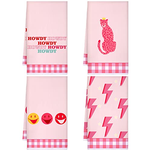 Oudain Set of 4 Pink Kitchen Towels Preppy Howdy Microfiber Dish Towels 16 x 24 Inch Smile Face Leopard Lightning Howdy Pink Decorative Hand Tea for Face Kitchen Bathroom College Dorm
