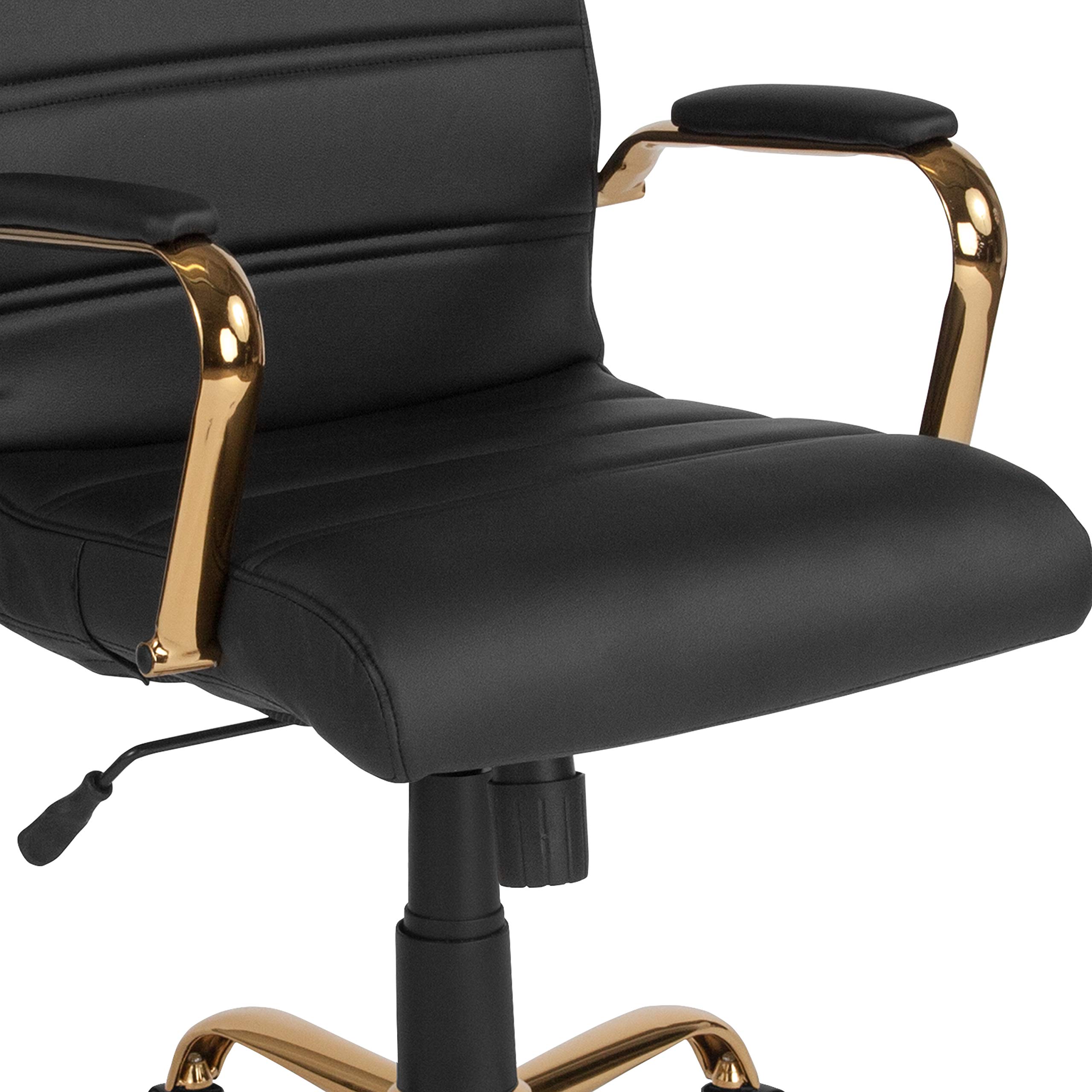 EMMA + OLIVER Mid-Back Black LeatherSoft Executive Swivel Office Chair with Gold Frame/Arms
