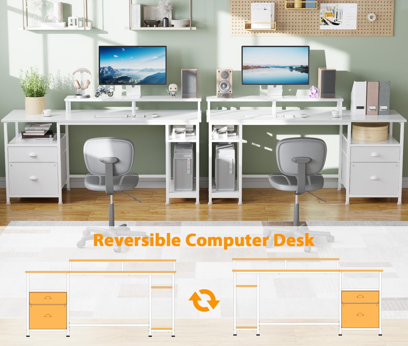 Furologee 61" Computer Desk with Fabric File Cabinet & Drawer, Reversible White Table with Storage Shelf, Office Desk with Long Monitor Stand, Writting Table Workstation, for Home/Office/White