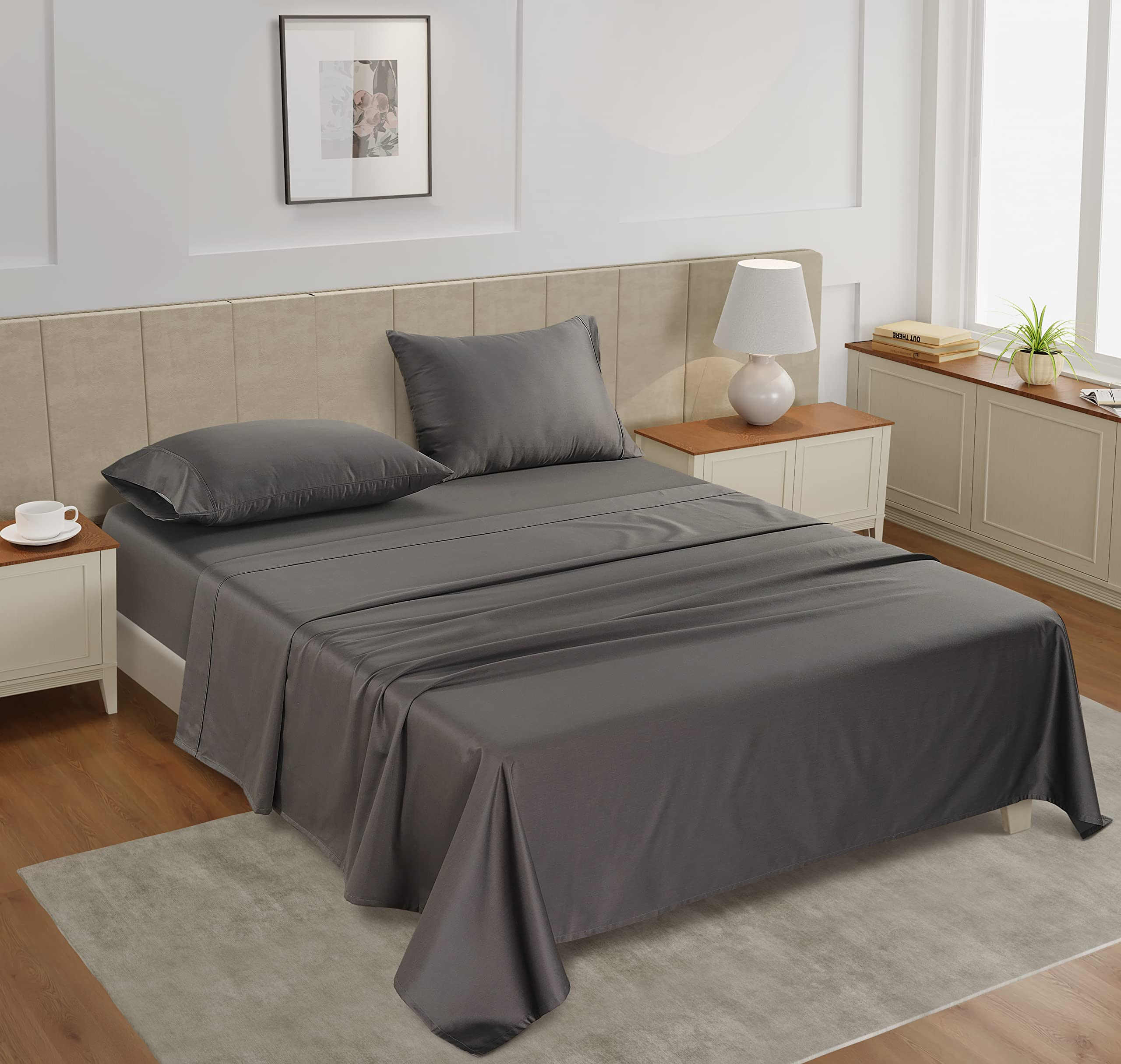 LANE LINEN 100% Cotton Sheets Queen Size Bed Set β 450 Thread Count, Soft & Cooling Sateen Weave, Deep Pocket Fits 15β Mattress, Luxury Hotel Bedding, Queen Bed Sheets, Charcoal