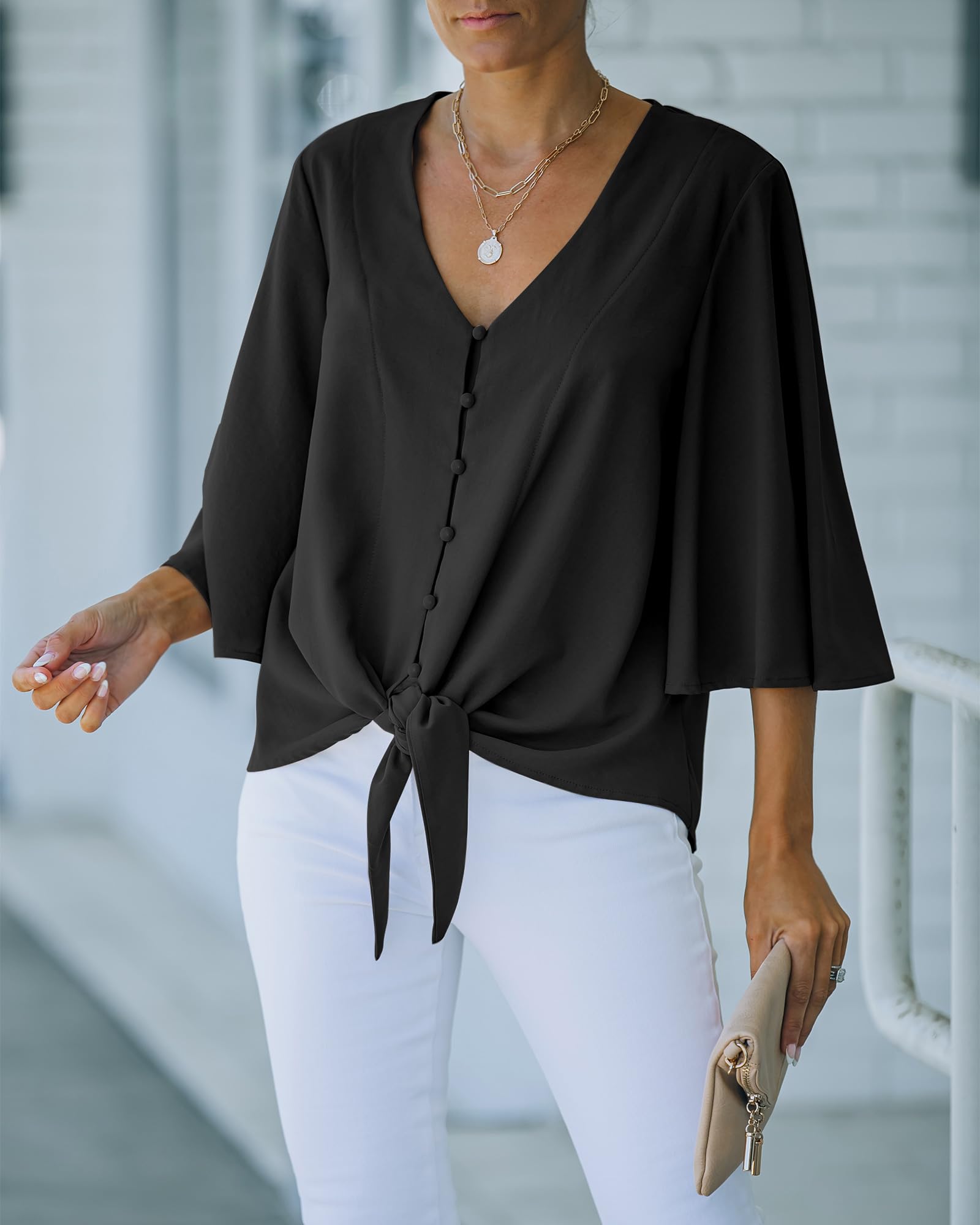 luvamia Women's V Neck Tops Ruffle 3/4 Sleeve Tie Knot Blouses Button Down Shirts, Black Button Down Size XL