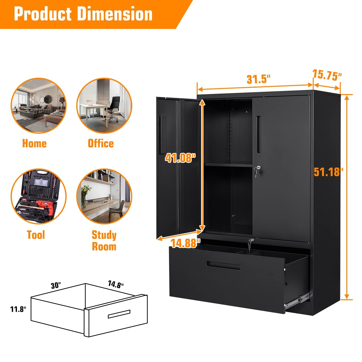 ZAOUS File Cabinet 1 Drawer, Metal File Cabinet with Lock, Lateral Filing Cabinet with Doors & Adjustable Shelves for Home Office, Living Room, Pantry, Gym, Basement, Warehouse, Black