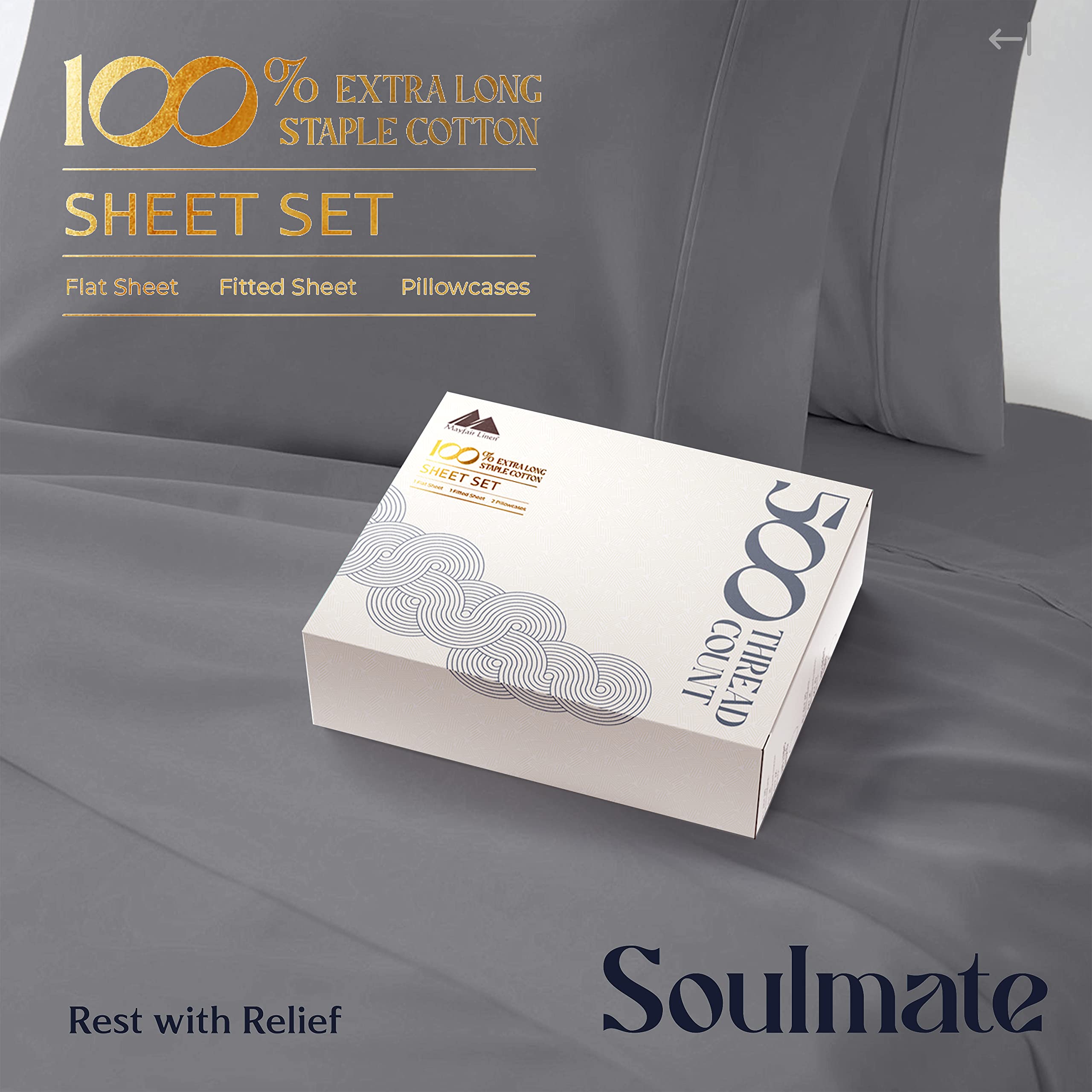 Mayfair Linen 100% Cotton Bed Sheets Queen Sheet Set - 500 Thread Count Sheets Queen Size 4 PC Set (Dark Grey), Soft, Cooling, Hotel-Quality 16" Deep Pocket Sateen Cotton Bedsheet for Hot Sleepers
