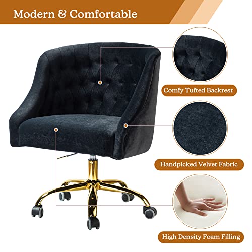 Velvet Home Office Chair with Gold Base, Comfortable Modern Cute Desk Chair, Adjustable Swivel Task Chair for Living Room Bedroom Vanity Study, Black