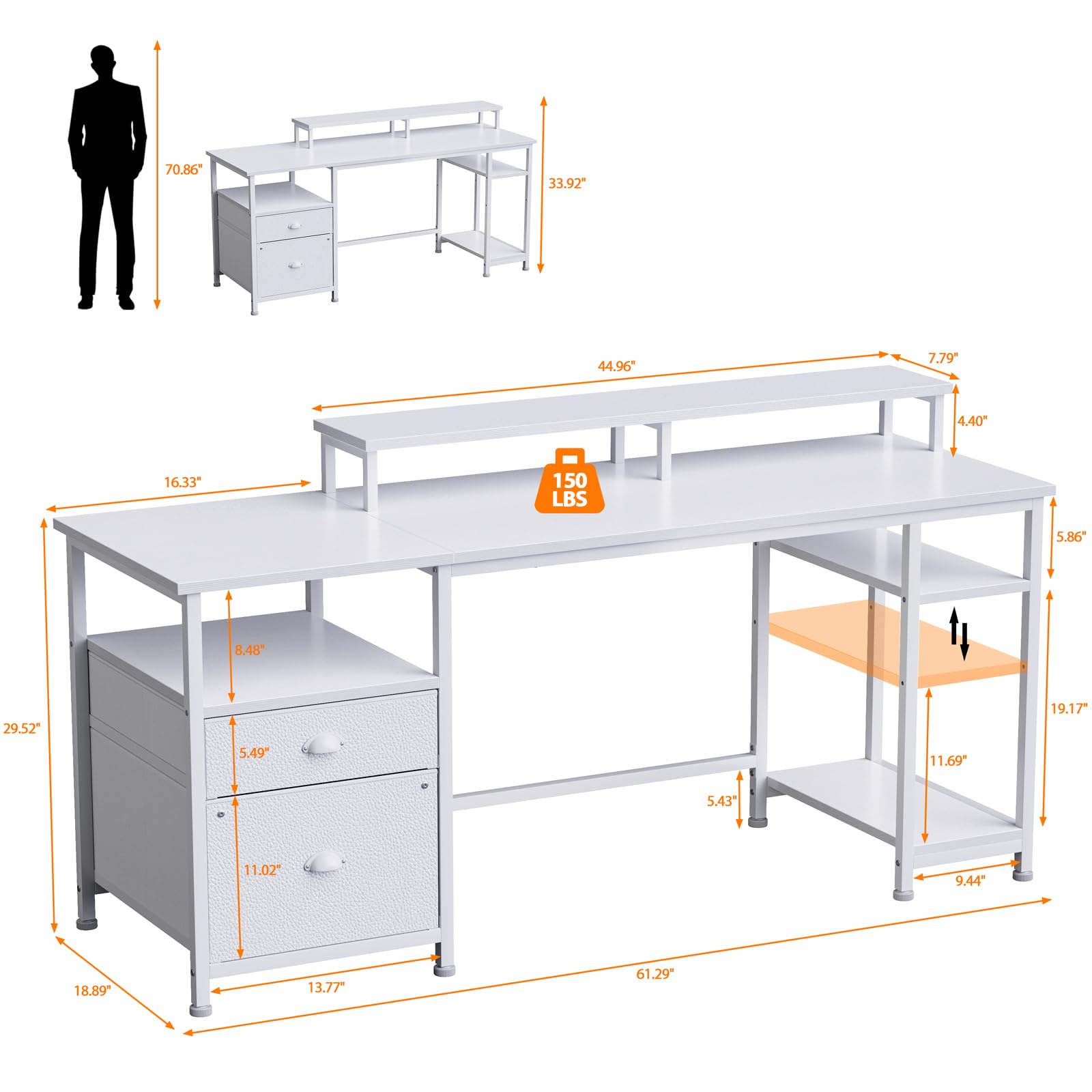Furologee 61" Computer Desk with Fabric File Cabinet & Drawer, Reversible White Table with Storage Shelf, Office Desk with Long Monitor Stand, Writting Table Workstation, for Home/Office/White
