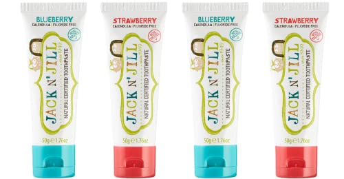 Jack N' Jill Kids Natural Toothpaste - Kids Toothpaste Fluoride Free, Organic Flavors, BPA Free SLS Free, Makes Tooth Brushing Fun for Kids - Blueberry & Strawberry, 1.76 oz (Pack of 4)