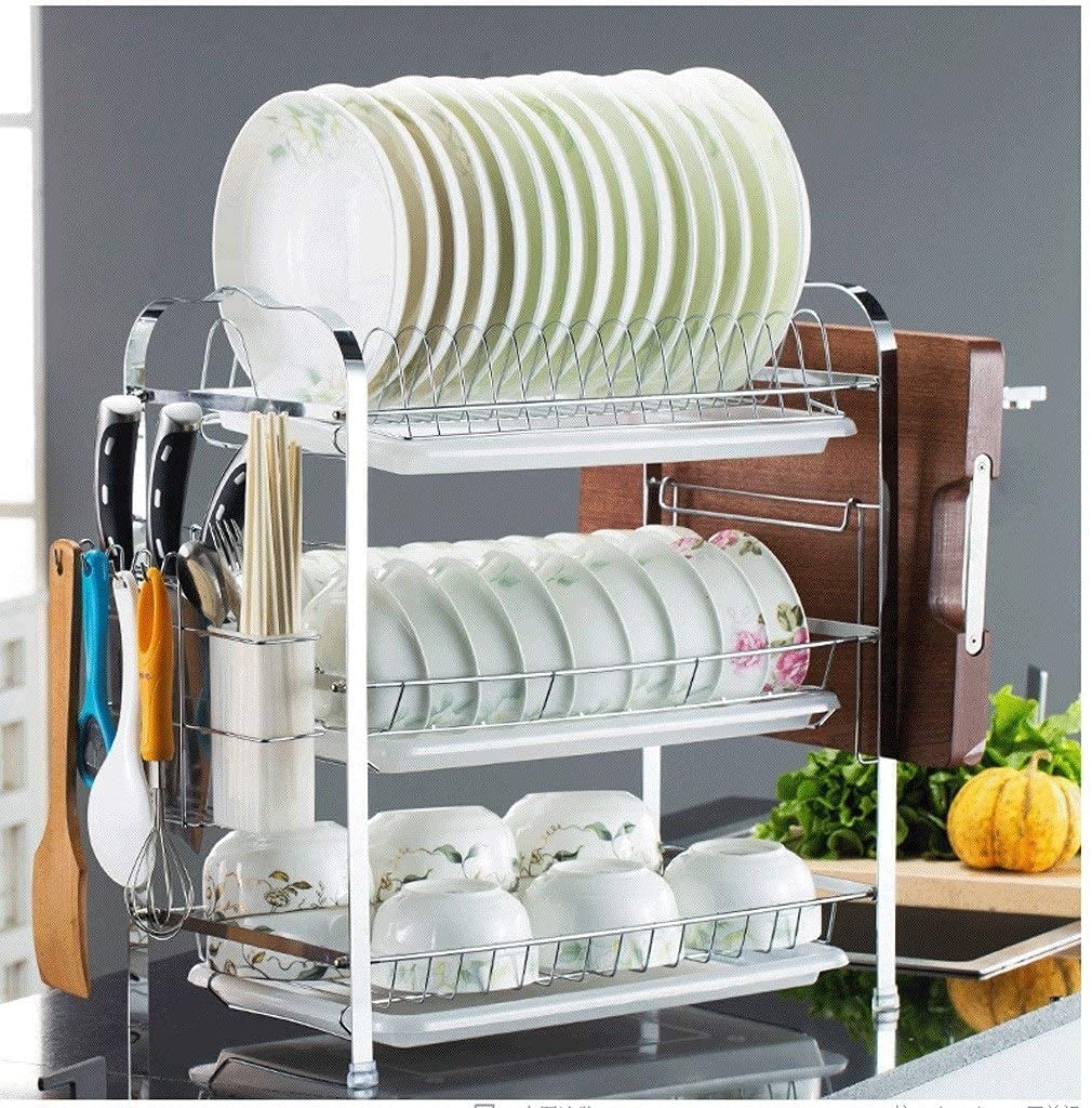 Plate Rack Draining Dish Rack 3-Tier Stainless With Drainboard and Cutlery Cup, Kitchen Supplies Drying Frame Dish Pan Plate Holder
