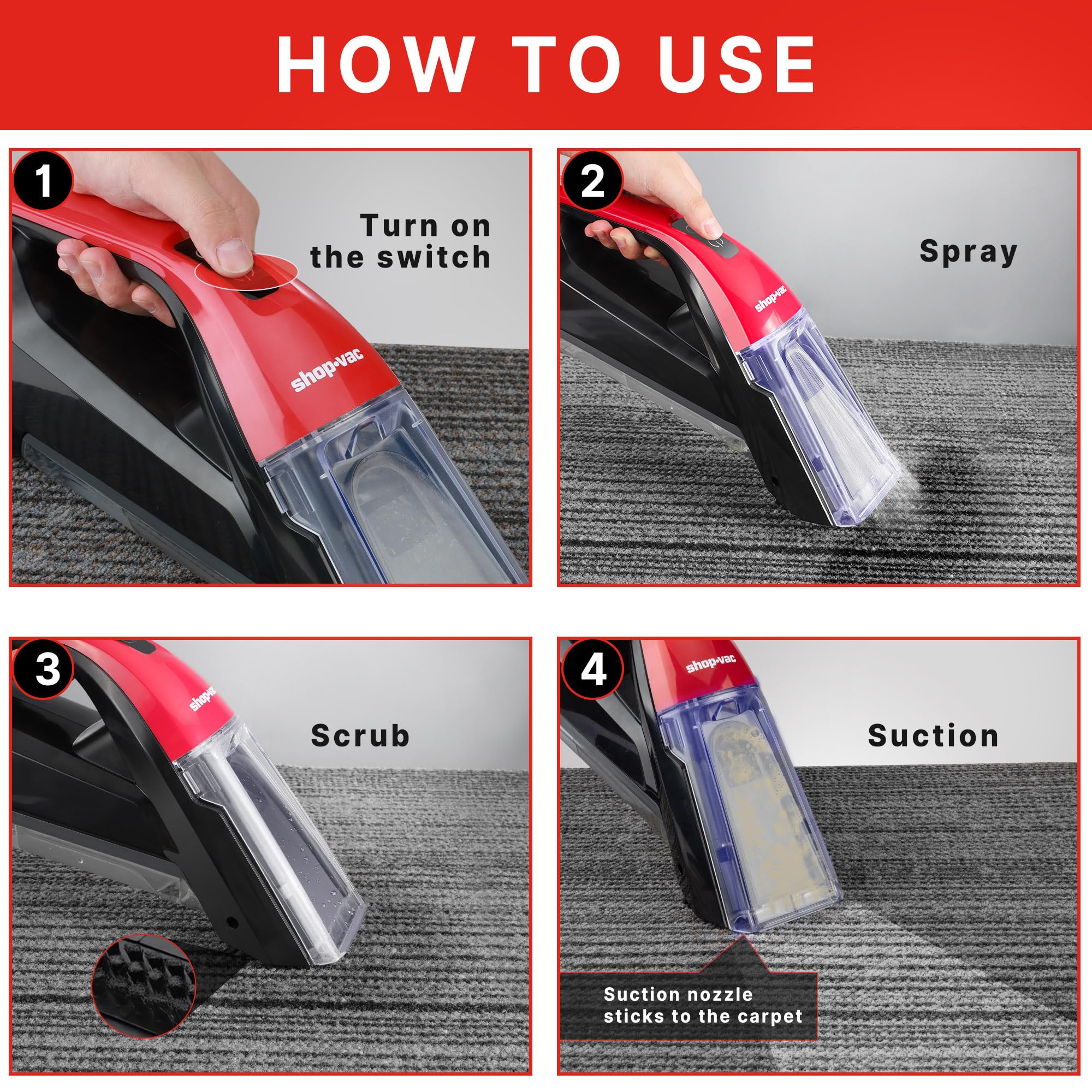 Shop-Vac Spot Cleaner for Carpet and Upholstery, Portable Cordless Carpet Cleaner, with 2 Bottle of 8 oz Spot & Stain Formula, Red