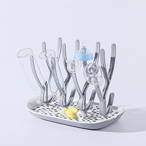 PandaEar Baby Bottle Drying Rack| Toddler Sippy Cups Infant Dishes and Accessories Countertop Dryer Rack with Drainer Tray (Grey)