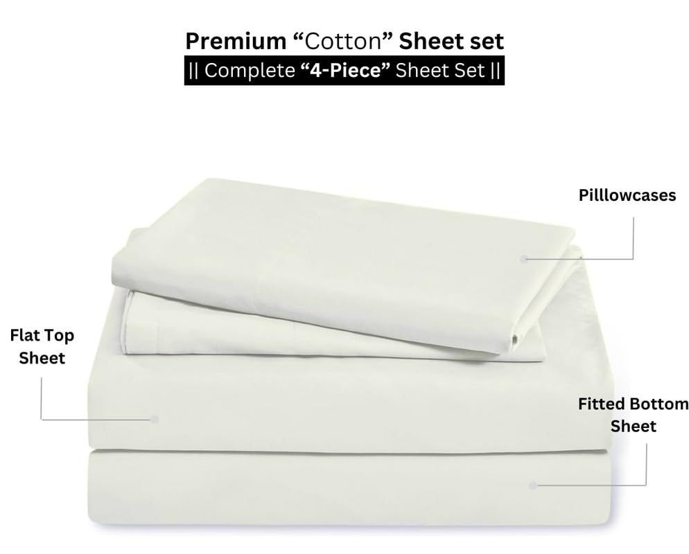 4 Piece Premium Sheet Set Cotton Queen, 100% Egyptian Cotton, 400 Thread Count, 15 Inch Deep Pocket of Cotton Sheets, Ivory Solid