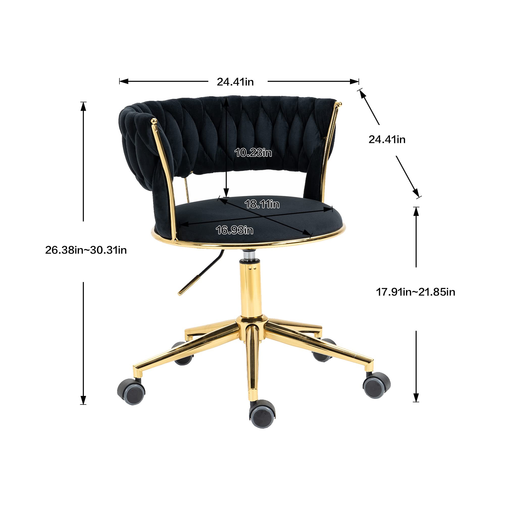 NIOIIKIT Velvet Office Desk Chair with Hand Woven Backrest, 360° Swivel & Height Adjustable Task Chairs, Makeup Chair, Living Room Chairs with Stainless Base and 5 Wheels (Black)
