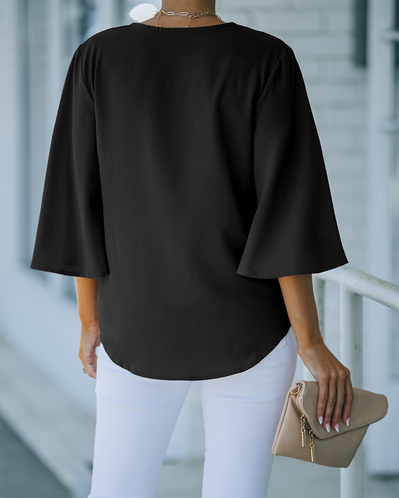 luvamia Women's V Neck Tops Ruffle 3/4 Sleeve Tie Knot Blouses Button Down Shirts, Black Button Down Size XL