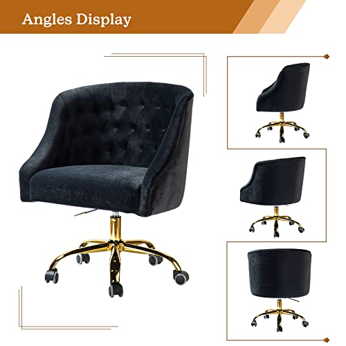 Velvet Home Office Chair with Gold Base, Comfortable Modern Cute Desk Chair, Adjustable Swivel Task Chair for Living Room Bedroom Vanity Study, Black