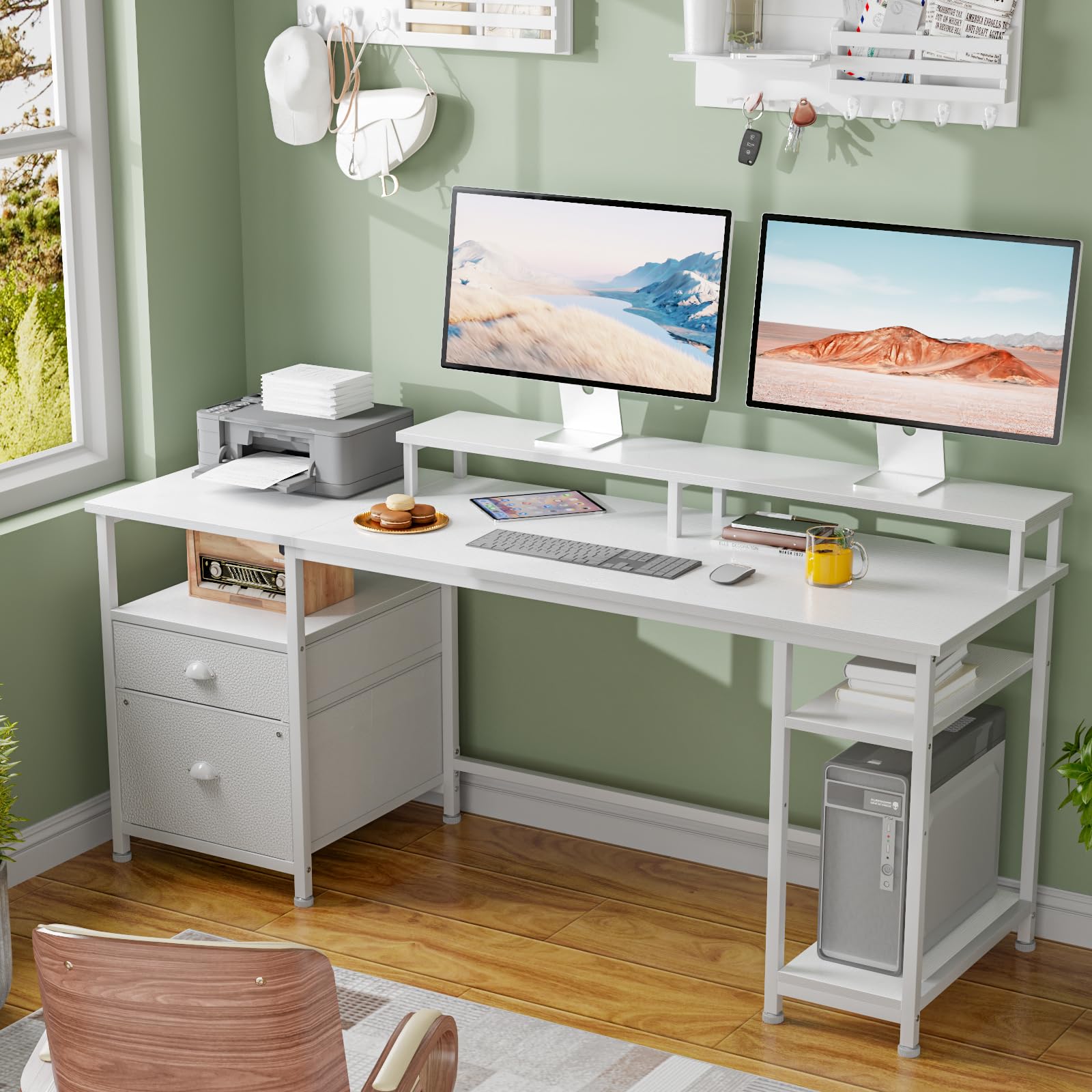 Furologee 61" Computer Desk with Fabric File Cabinet & Drawer, Reversible White Table with Storage Shelf, Office Desk with Long Monitor Stand, Writting Table Workstation, for Home/Office/White