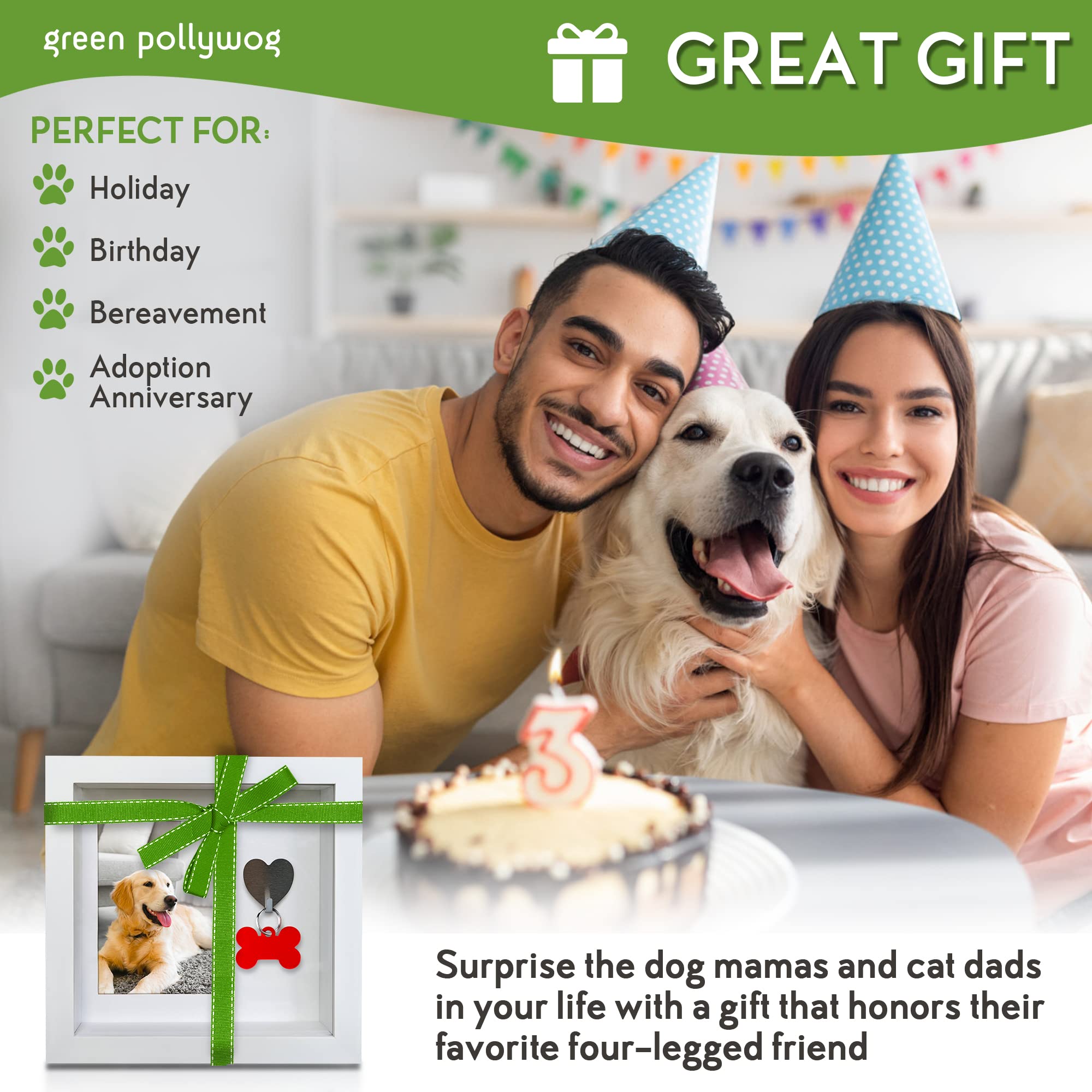 Green Pollywog Pet Memorial Shadowbox with Photo, Tag & Collar Display | White Frame with 4” x 6” Picture Opening | 10” x 10” x 2.5” Keepsake Box