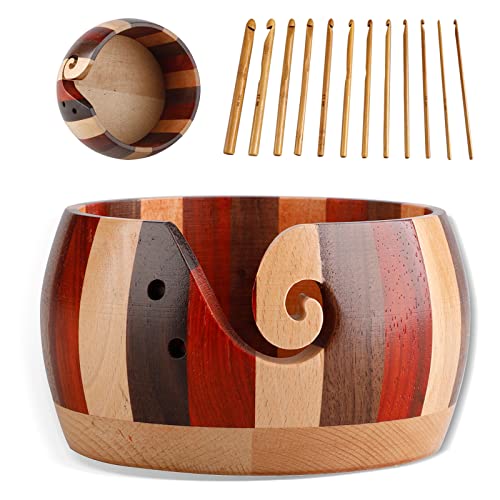 Durable Wooden Yarn Storage Bowls with 12 pcs Bamboo Handle Crochet Hook, Mix Color Yarn Knitting Holder Basket for Crocheting for Wool Ball, Handmade Craft Crochet Kit Organizer for Mother's Day