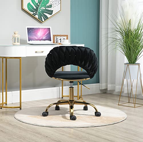 Velvet Home Office Desk Chair, Modern Adjustable Swivel Task Chair, Upholstered Cute Vanity Chair with Woven Back, Tufted Computer Chair with Gold Metal Base for Office, Bedroom, Study, Black