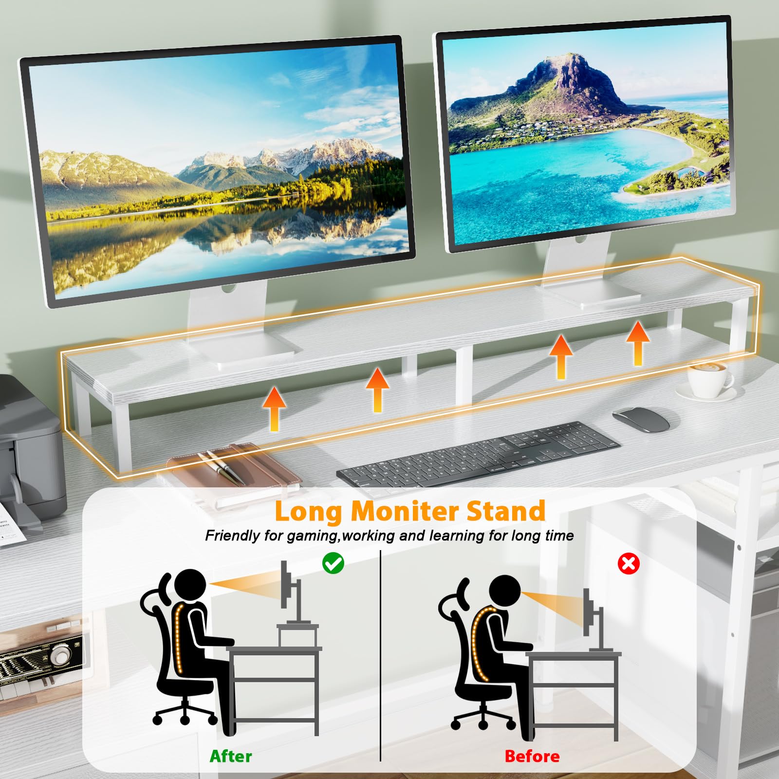 Furologee 61" Computer Desk with Fabric File Cabinet & Drawer, Reversible White Table with Storage Shelf, Office Desk with Long Monitor Stand, Writting Table Workstation, for Home/Office/White