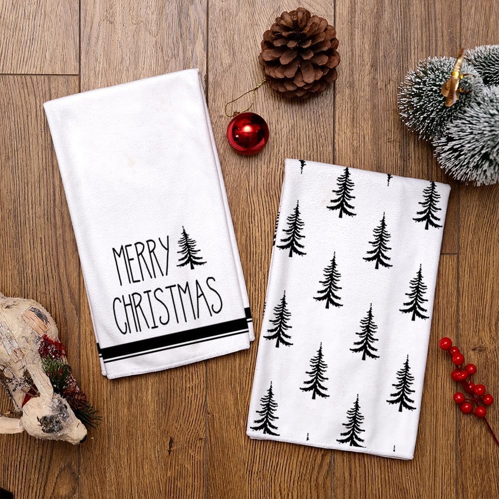 ARKENY Christmas Kitchen Towels Set of 2,Black Xmas Tree Dish Towels 18x26 Inch,Hoilday Farmhouse Home Decoration AD101