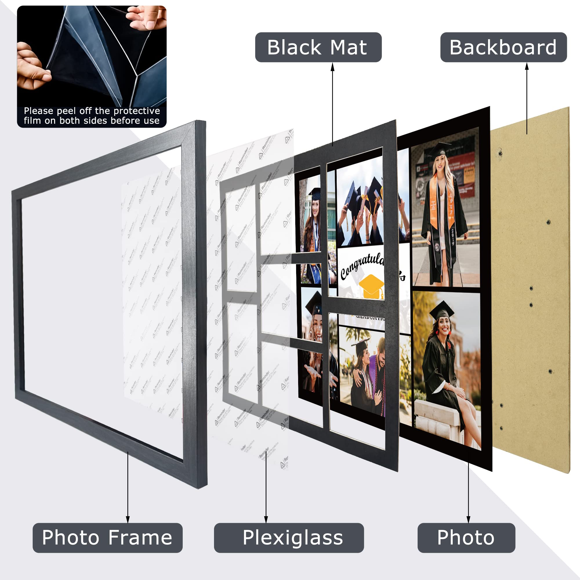 GMFrames 4X6 Picture Frame Collage with 7 Openings Multi Graduation Photo Frame with Wall Hanging for Keepsake Gifts Black